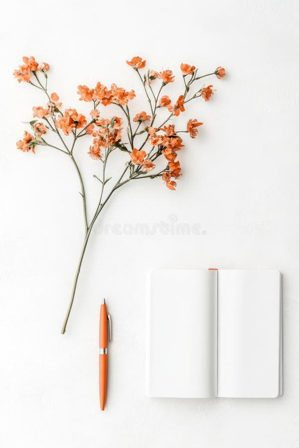 Bright Orange Flowers Sit beside a Blank Notebook and an Orange Pen ...