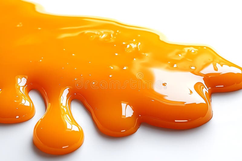 Bright Orange Fluid Drips and Pool on White Surface, Glossy Texture ...