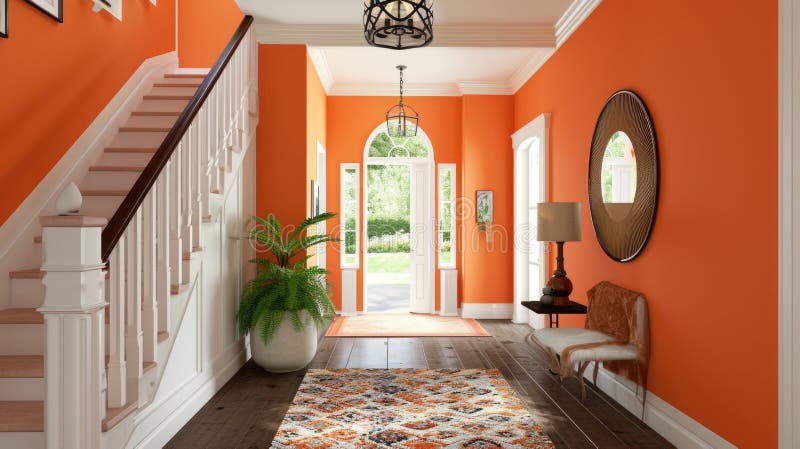 Bright Orange Hallway in Modern Home Stock Illustration - Illustration ...