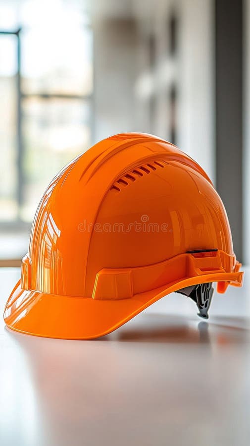 Bright Orange Hard Hat Resting on a Table in an Industrial Workspace ...