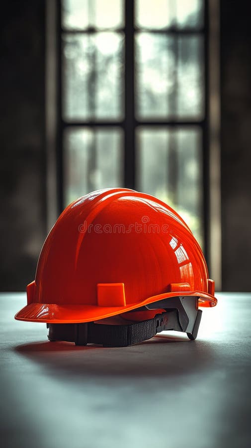 Bright Orange Hard Hat Resting on a Table in an Industrial Workspace ...
