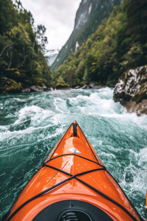 A Bright Orange Kayak Paddling Down a Winding River Stock Image - Image ...