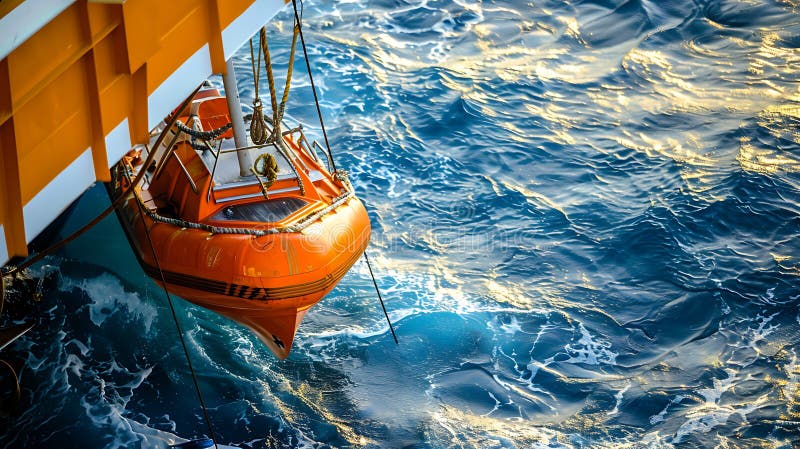 Orange Lifeboat Hanging from a Large Ship with a Blue Ocean in the ...