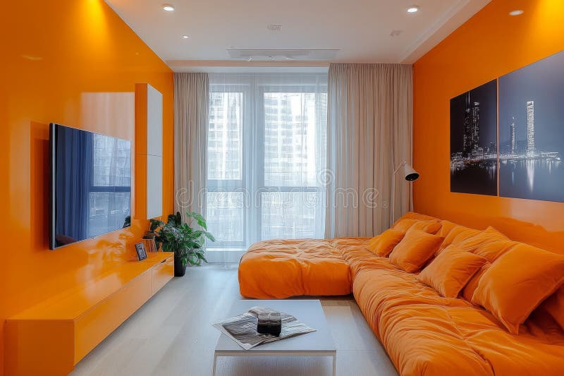 Bright Orange Living Room Featuring a Large Sofa and Modern Decor Stock ...