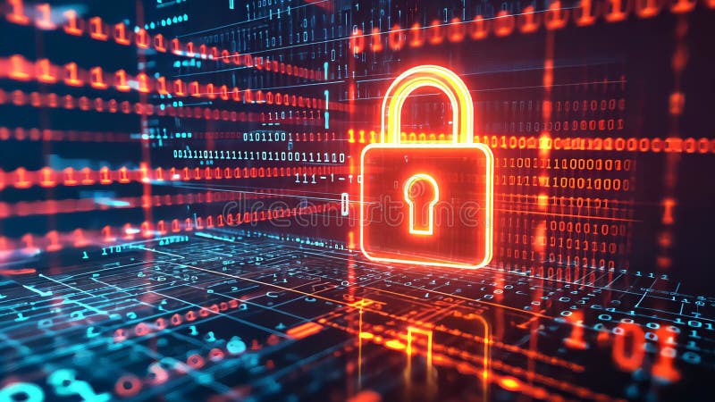 Bright Orange Lock Symbol on Digital Data Background Represents ...