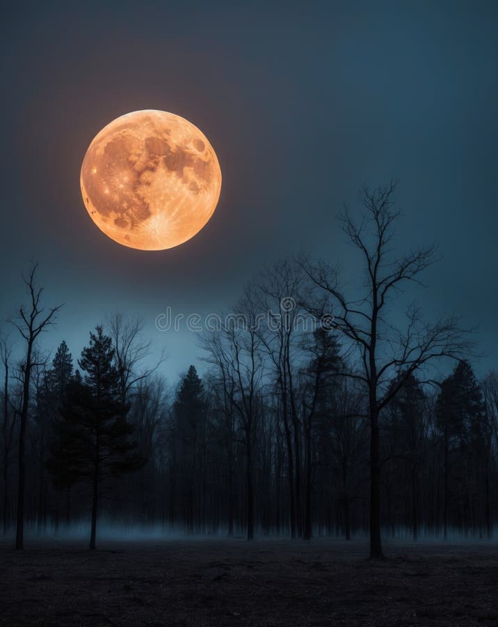 Bright Orange Moon Illuminates a Dark Forest at Night. Stock Image ...