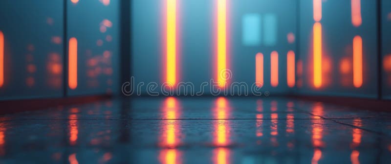 Bright Orange Neon Lights Reflecting Across a Dark Reflective Floor ...