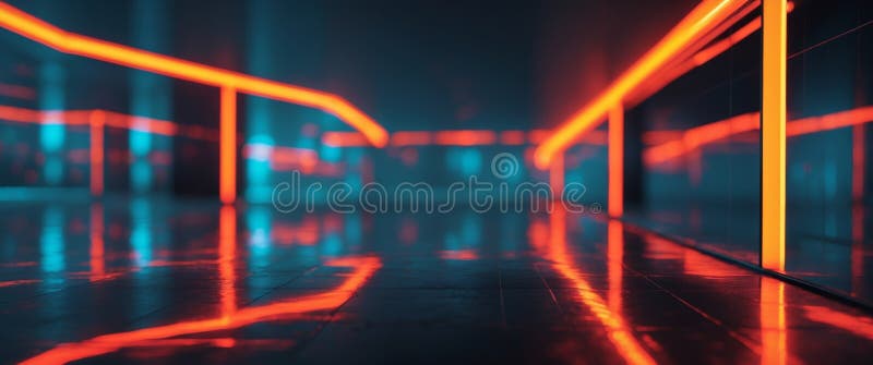 Bright Orange Neon Lights Reflecting Across a Dark Reflective Floor ...