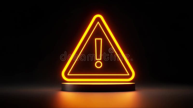 Bright Orange Neon Triangle Warning with Exclamation Mark Glows on Dark ...