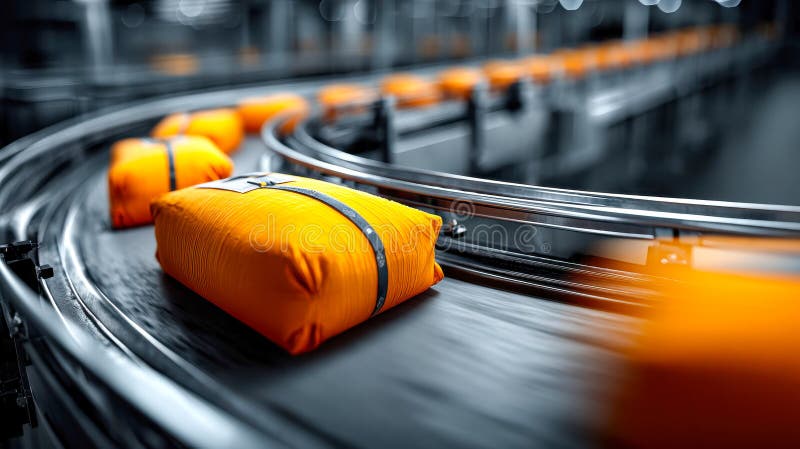 Bright Orange Parcels on a Fast-moving Conveyor Belt in a Modern ...