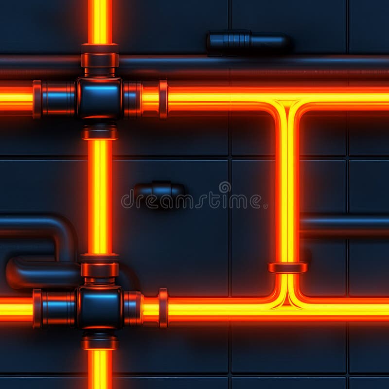 Seamless Pipes Illuminated with Glowing Orange Light in a Dark ...