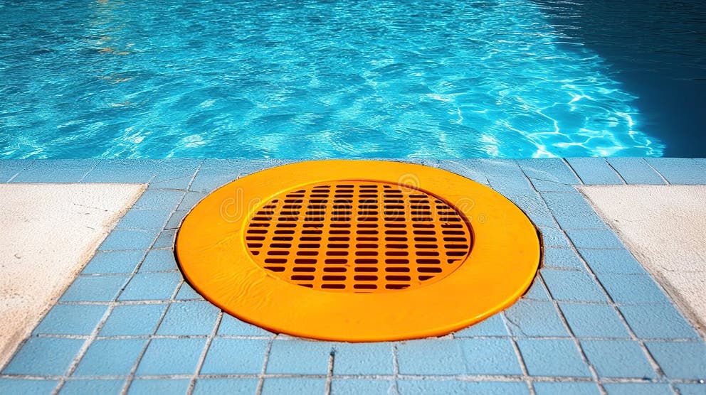 Bright Orange Pool Drain in a Light Blue Tile Pool Stock Photo - Image ...