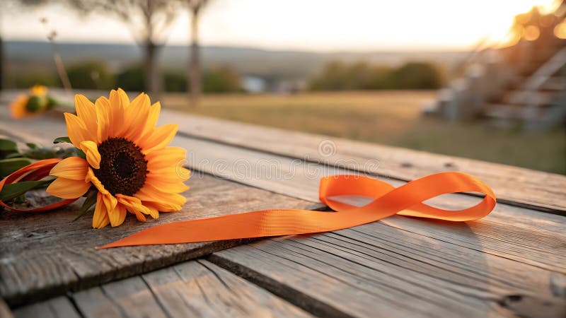 Bright Orange Ribbon for Ms Awareness Week on Rustic Table Celebrating ...