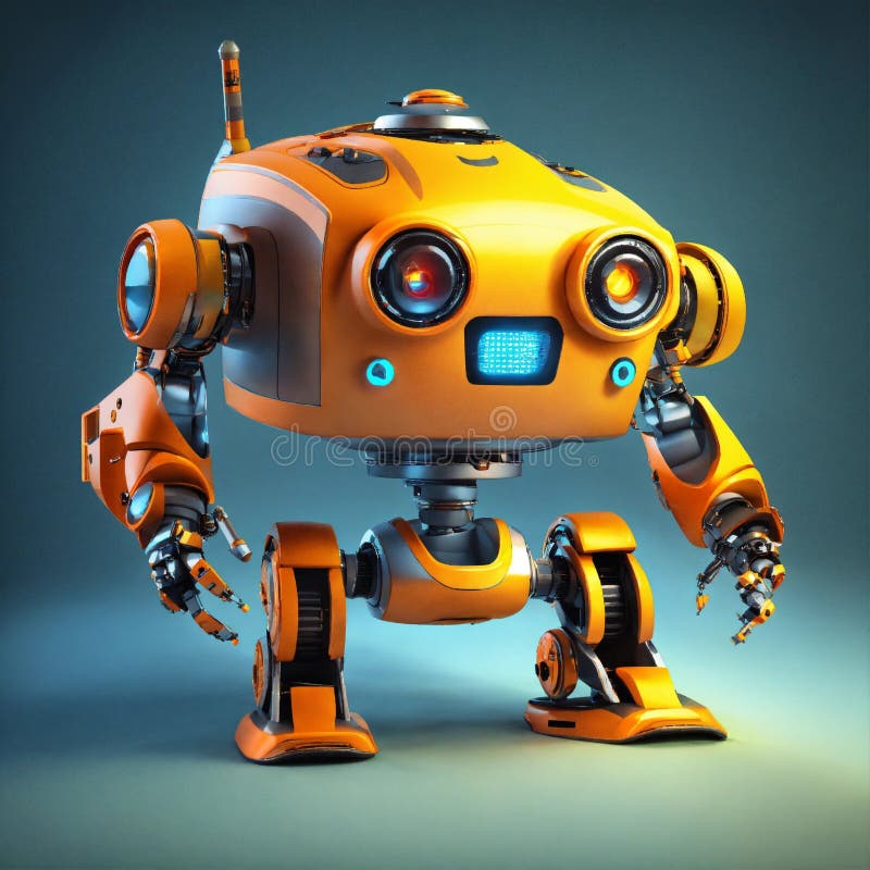 Bright Orange Robot with Big Eyes on a Blue Background Stock Image ...