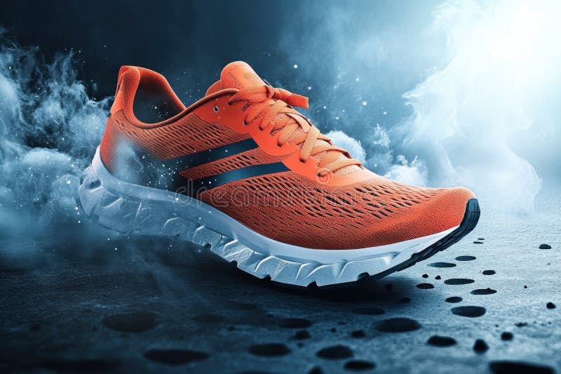 Bright Orange Running Shoe Featured with Dramatic Lighting and Smoke ...