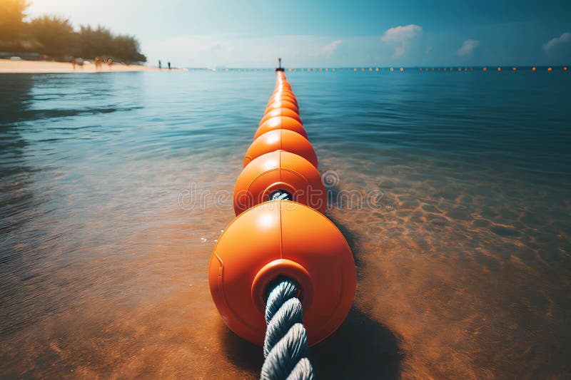 Bright Orange Safety Buoys, Connected by a Strong Rope, on a Beach ...
