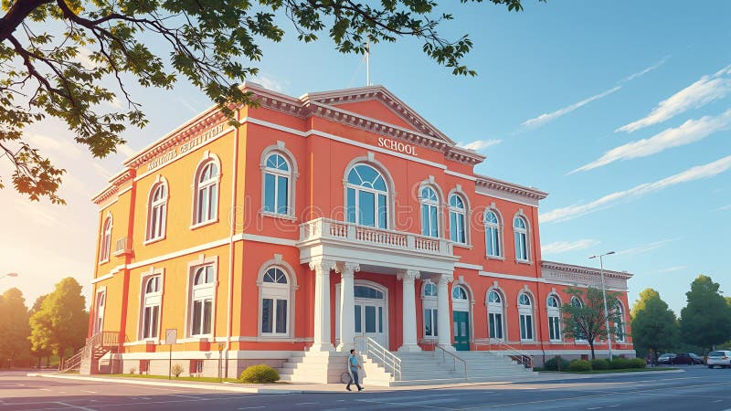 A Bright Orange School Building with a Man Walking in Front of it Stock ...