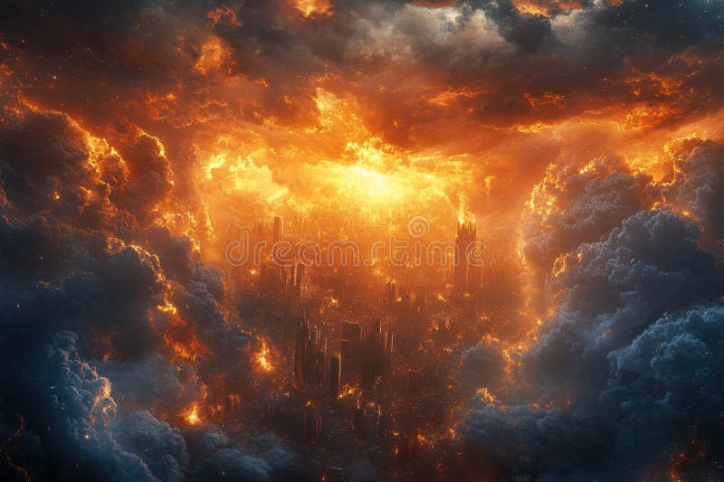 A Bright Orange Sky with a City in the Foreground Stock Image - Image ...