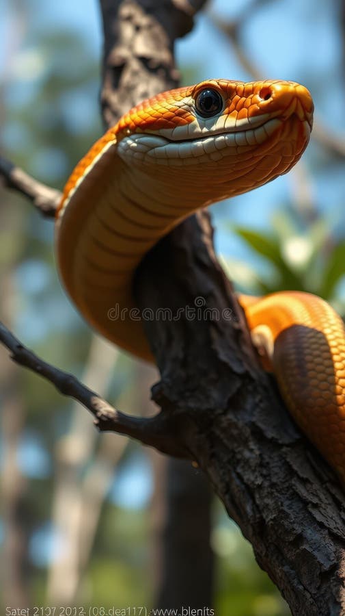 Bright Orange Snake Resting on a Tree Branch in a Sunny Forest Setting ...