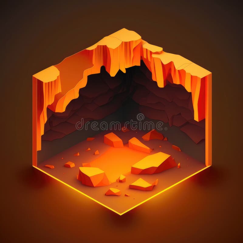 Bright Orange Square Illuminating a Cave, Isometric Low Poly View AI ...