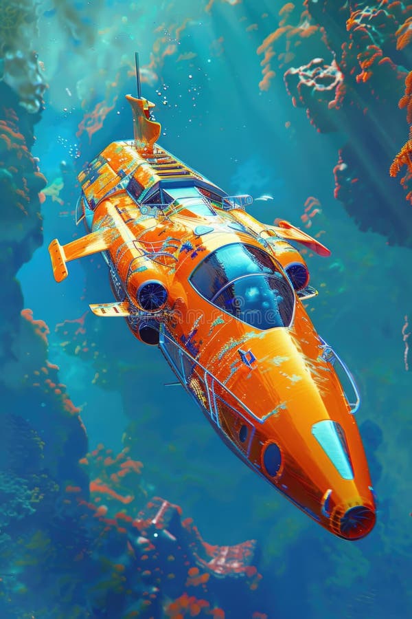 A Bright Orange Submarine Floating in the Ocean. Suitable for ...