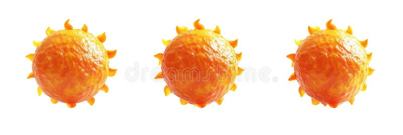 Bright Orange Sun-like Spheres with Spikes, Three Identical Objects ...