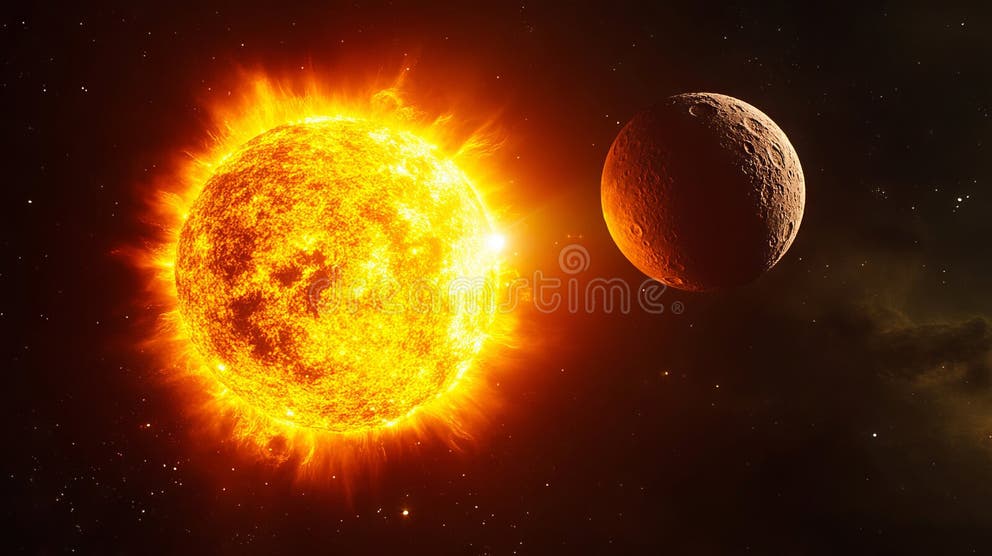 A Bright Orange Sun and a Red Dwarf Planet in Space Stock Image - Image ...