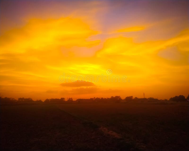 Bright Orange Sunset with Field on Back Stock Photo - Image of dusk ...