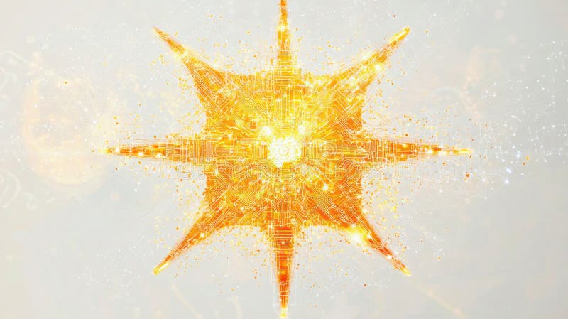 Bright Orange Technological Star Shining with Data Transferring ...