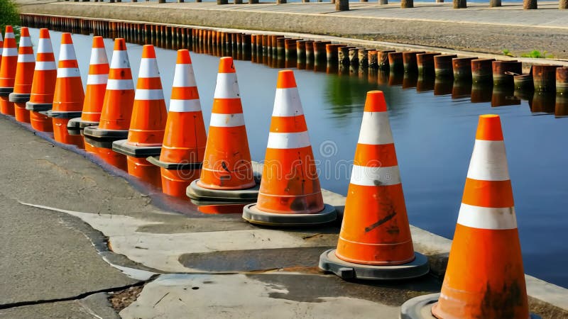 Bright Orange Traffic Cones Create a Barrier Alongside a Canal ...