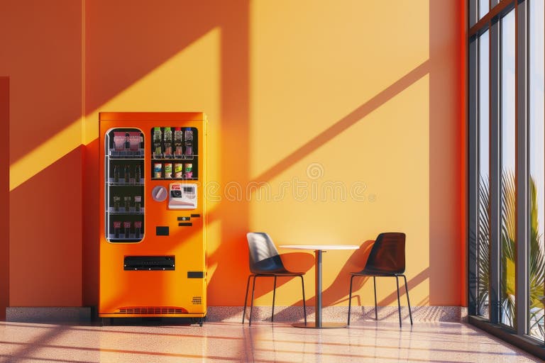 A Bright Orange Vending Machine Sits in Front of a Wall with a Window ...