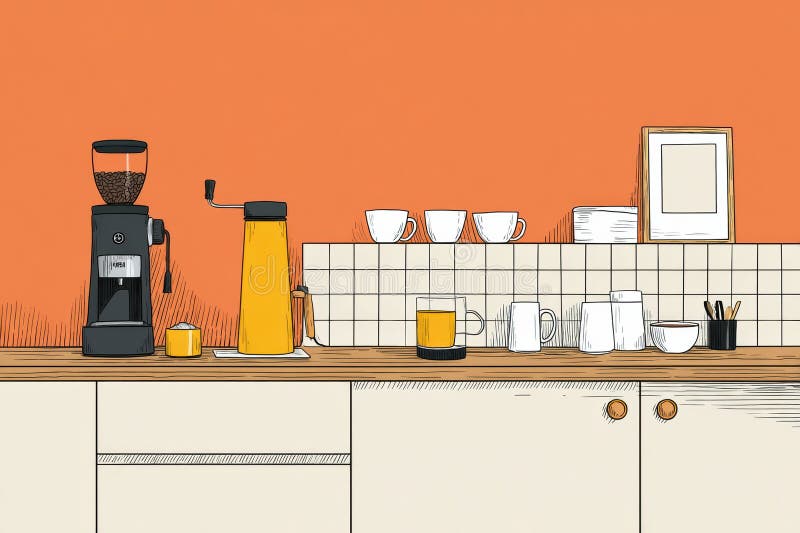 Minimal Kitchen Counter Featuring Coffee Grinder and Cups with Vibrant ...
