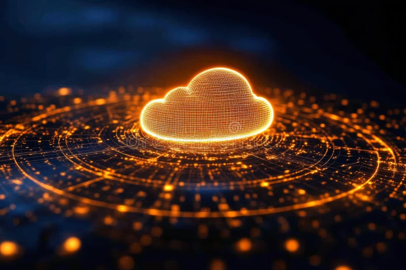 Bright Orange Wireframe Cloud Floating on a Circular Digital Grid ...