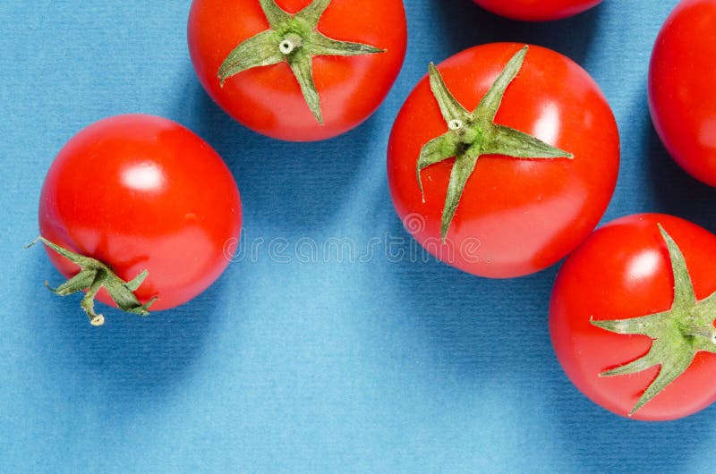 Bright Organic Tomatoes on a Blue Background. Stock Photo - Image of ...