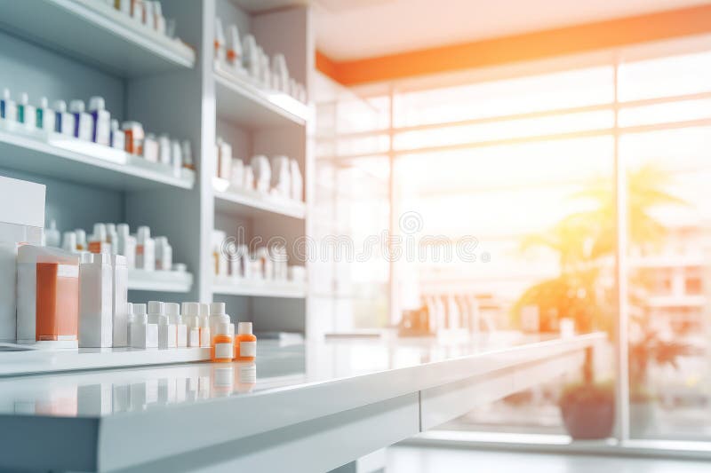 Bright and Organized Pharmacy Interior with Shelves Full of Medication ...