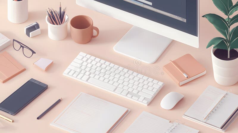 A Bright and Organized Student Workspace with Stationery, a Computer, and Plants Creating a ...