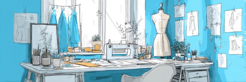 Fashion Design Workspace with Sketches and Sewing Machine in a Bright ...