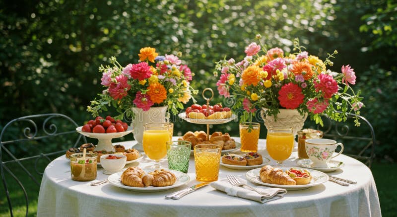 Bright Outdoor Breakfast Table with Colorful Flowers Stock Image ...