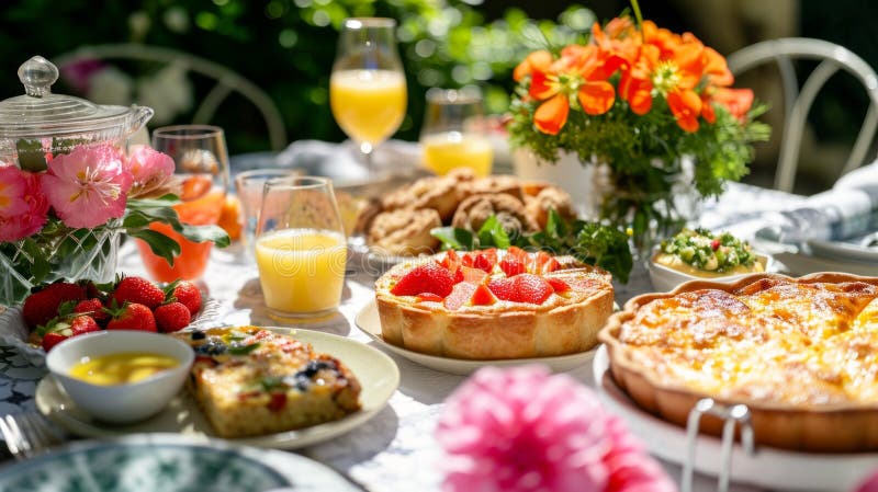 Bright Outdoor Easter Brunch Table with Spring Spread Stock Photo ...