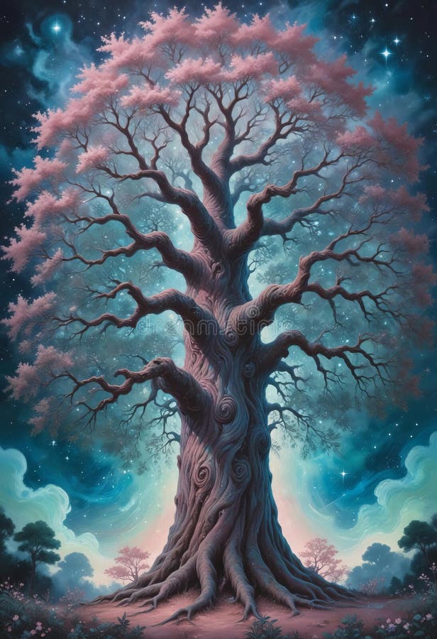 Bright Painting of a Tree with Stars in the Sky Stock Illustration ...