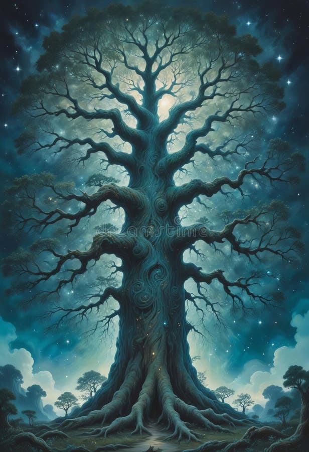 Bright Painting of a Tree with Stars in the Sky Stock Illustration ...