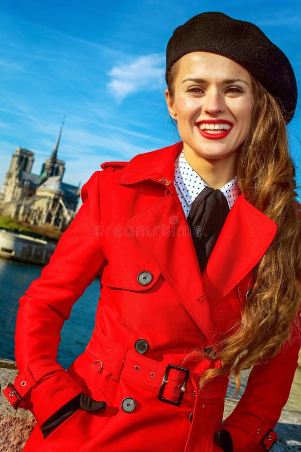 Smiling Tourist Woman Standing on Embankment in Paris, France Stock ... Smiling Tourist Woman Standing on Embankment in Paris, France Stock ...