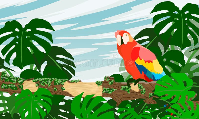 A Bright Parrot Macaw Sits on the Branches of a Tropical Tree with Moss ...