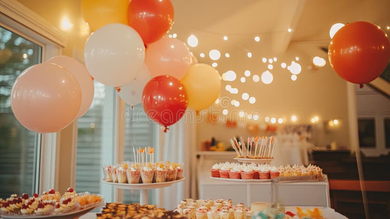 A Bright Party Setup with Balloons, Lights, and a Neatly Arranged ...