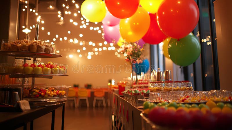 A Bright Party Setup with Balloons, Lights, and a Neatly Arranged ...