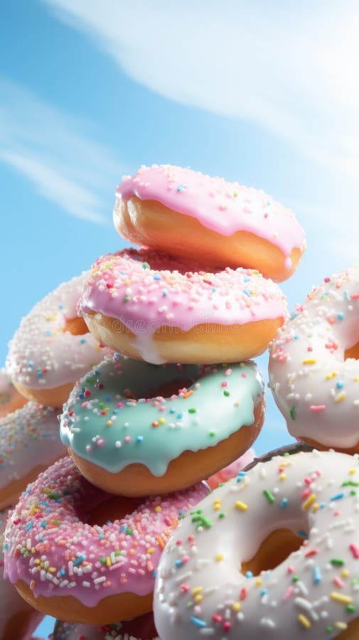 Bright Pastel Color Frosted Assorted Donuts, Blue Sky Background Stock ...