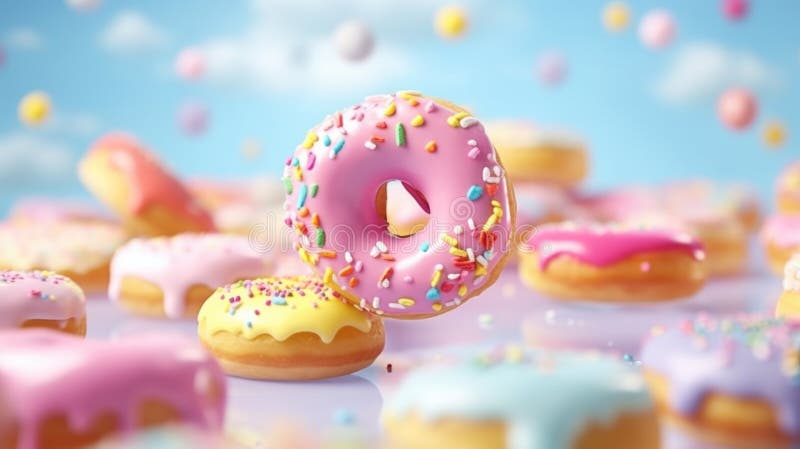Bright Pastel Color Frosted Assorted Donuts Levitating, Blue Sky ...