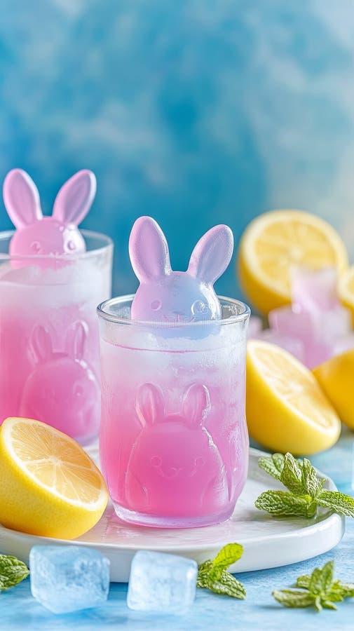 Bright Pastel Lemonade Served in Glasses with Bunny-shaped Ice Cubes ...