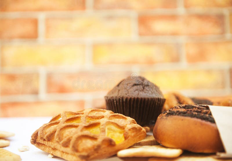 Bright Pastries in Outdoor Cafe with Brick Wall on a Backdrop Stock ...