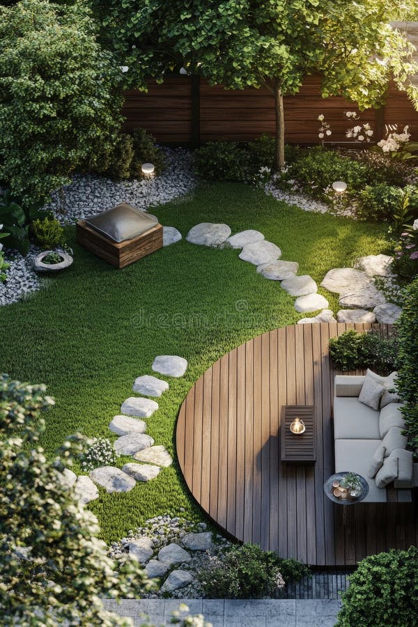 A Bright Patio with Lush Green Grass, Plants, and Seating. Stock Photo ...